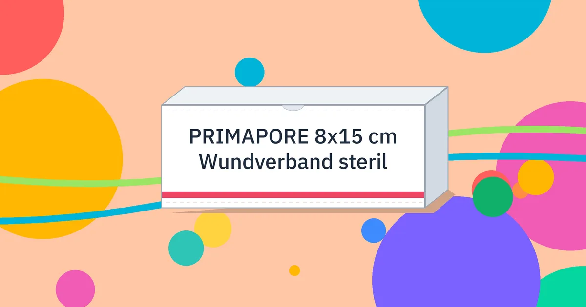 Symbolbild: Packung mit der Aufschrift PRIMAPORE 8x15 cm Wundverband steril (PZN 19162840) – Verfügbarkeit und Bezug in Apotheken in Frankfurt am Main