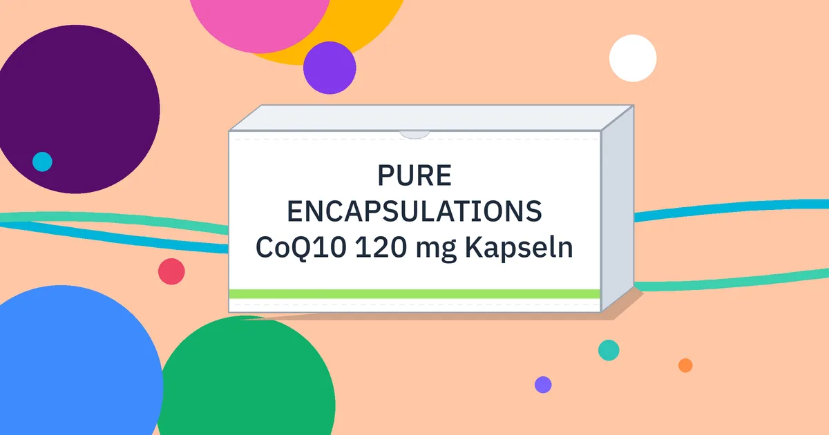 Symbolbild: Packung mit der Aufschrift PURE ENCAPSULATIONS CoQ10 120 mg Kapseln (PZN 05134923) – Verfügbarkeit und Bezug in Apotheken in Frankfurt am Main