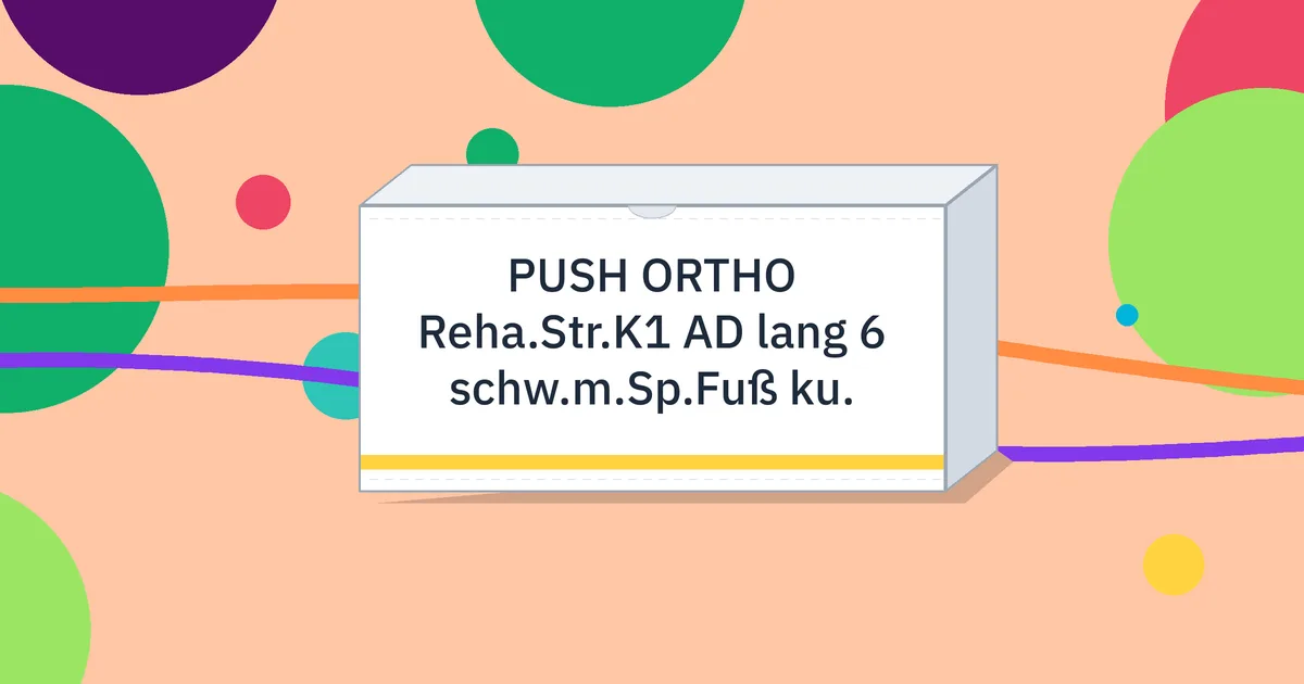 Symbolbild: Packung mit der Aufschrift PUSH ORTHO Reha.Str.K1 AD lang 6 schw.m.Sp.Fuß ku. (PZN 19157448) – Verfügbarkeit und Bezug in Apotheken in Frankfurt am Main