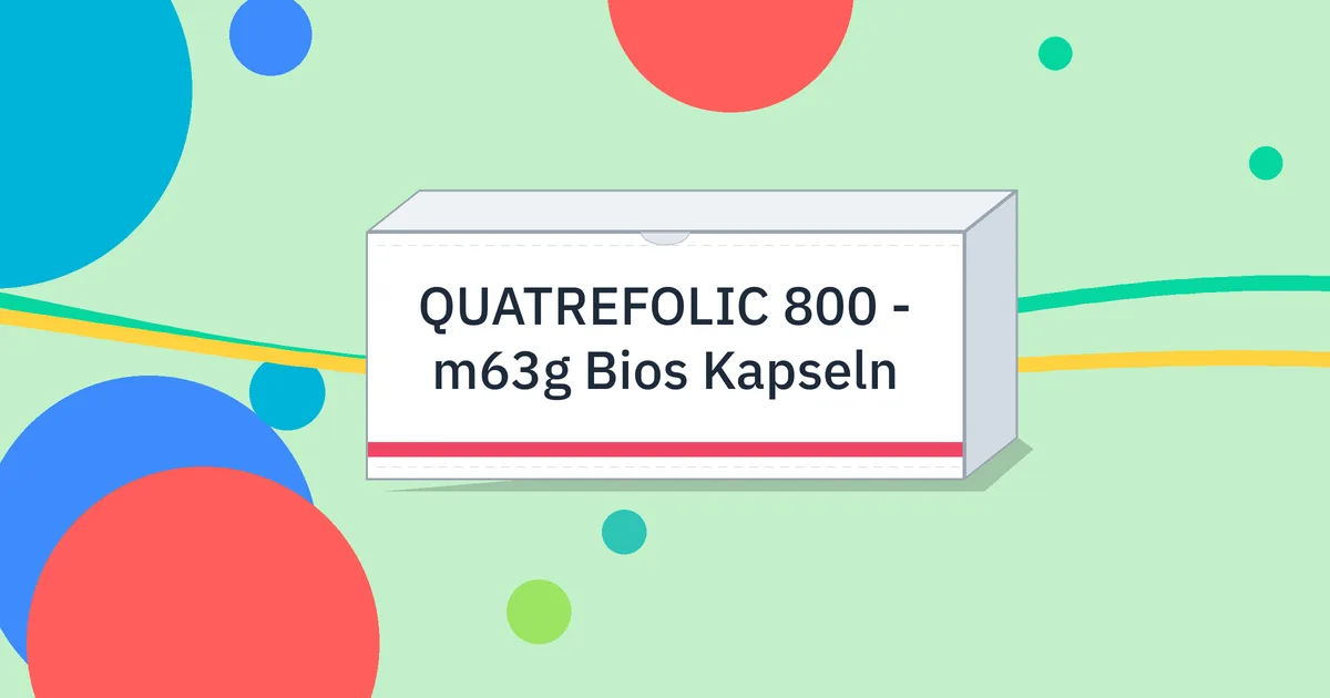 Symbolbild: Packung mit der Aufschrift QUATREFOLIC 800 -m63g Bios Kapseln (PZN 19099188) – Verfügbarkeit und Bezug in Apotheken in Frankfurt am Main