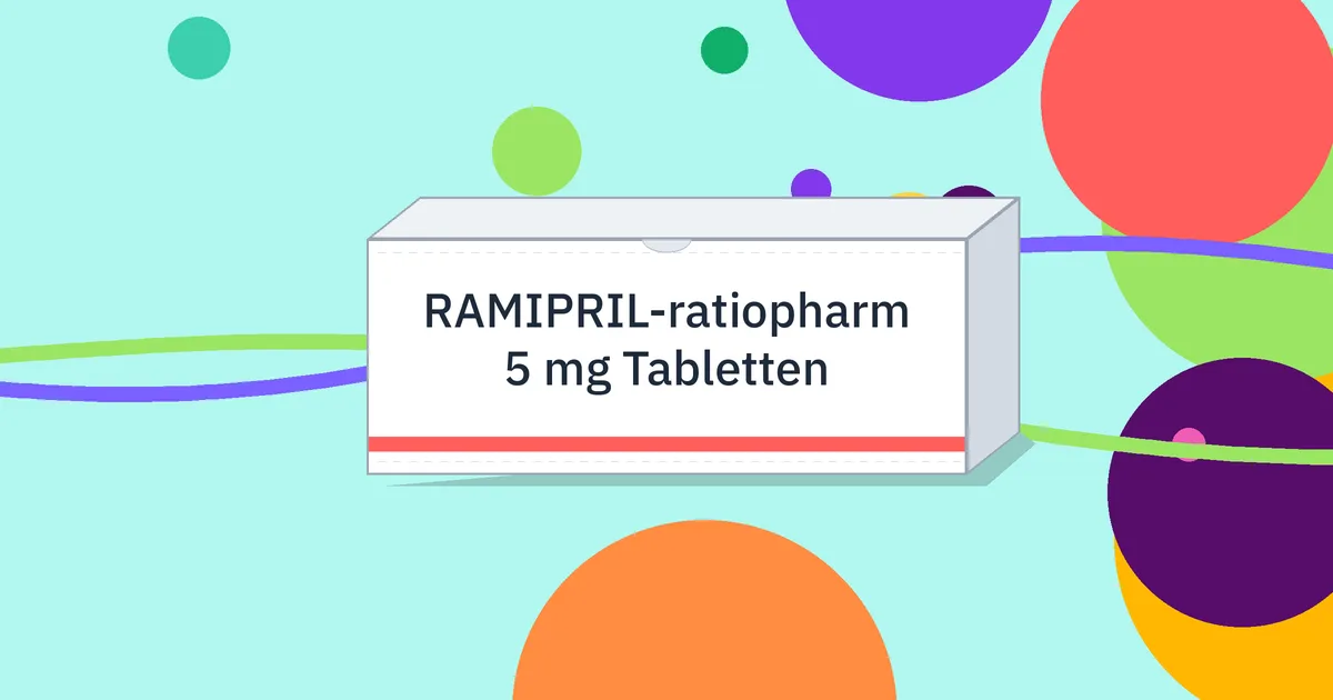 Symbolbild: Packung mit der Aufschrift RAMIPRIL-ratiopharm 5 mg Tabletten (PZN 02223939) – Verfügbarkeit und Bezug in Apotheken in Frankfurt am Main