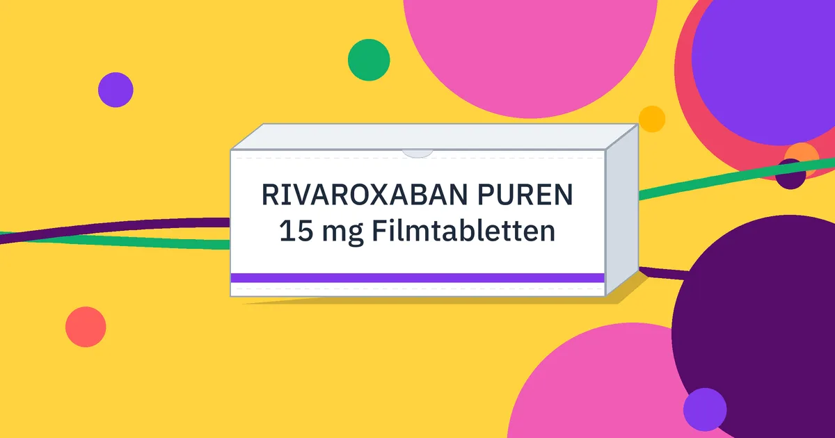 Symbolbild: Packung mit der Aufschrift RIVAROXABAN PUREN 15 mg Filmtabletten (PZN 14006377) – Verfügbarkeit und Bezug in Apotheken in Frankfurt am Main