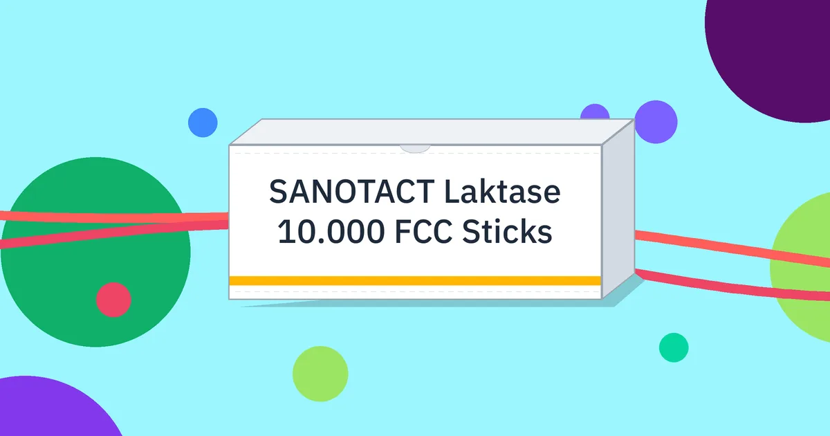 Symbolbild: Packung mit der Aufschrift SANOTACT Laktase 10.000 FCC Sticks (PZN 20098840) – Verfügbarkeit und Bezug in Apotheken in Frankfurt am Main
