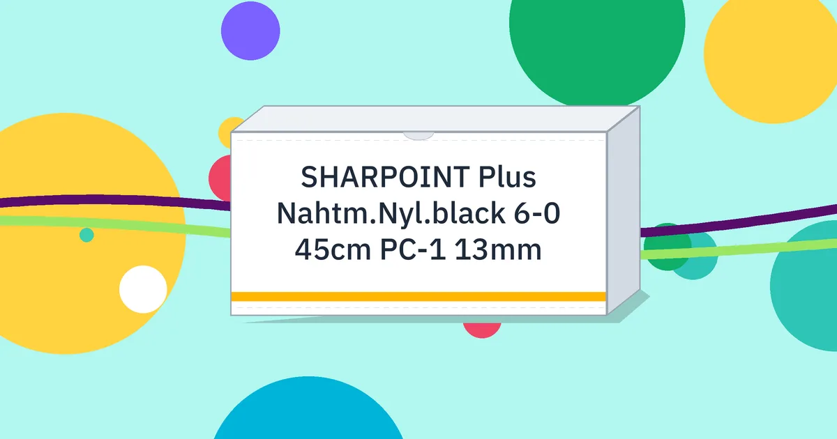 Symbolbild: Packung mit der Aufschrift SHARPOINT Plus Nahtm.Nyl.black 6-0 45cm PC-1 13mm (PZN 17984472) – Verfügbarkeit und Bezug in Apotheken in Frankfurt am Main