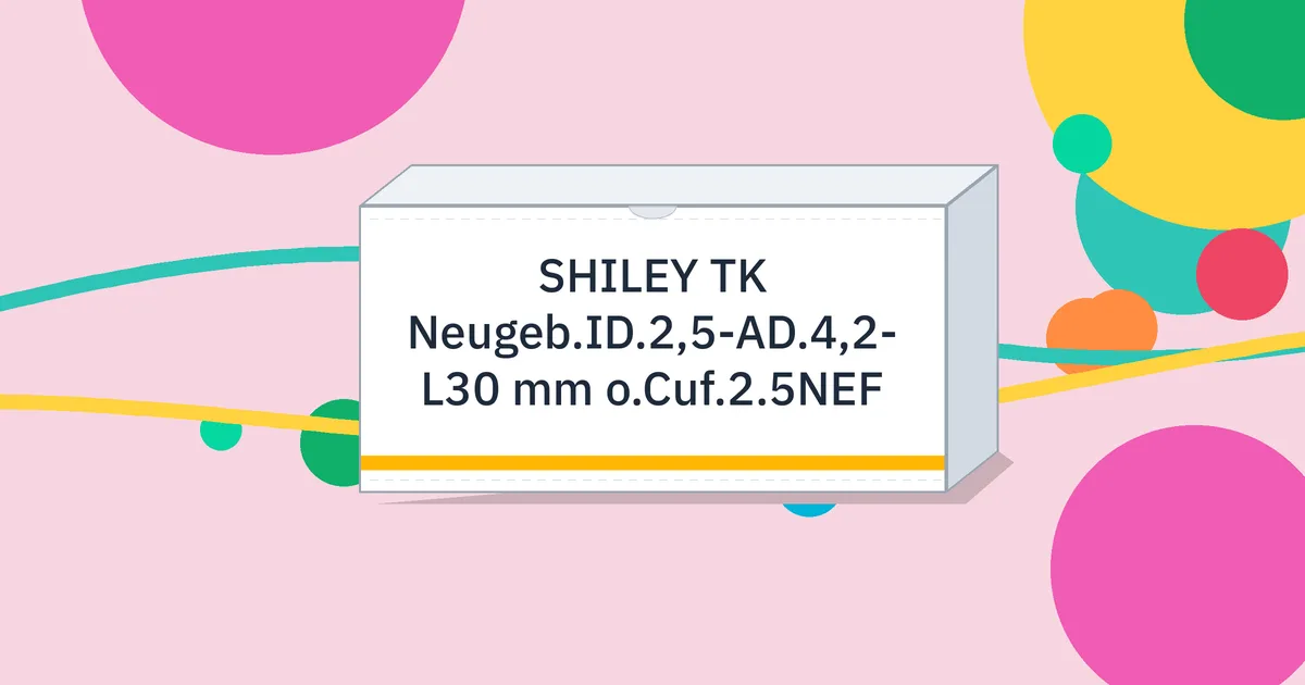 Symbolbild: Packung mit der Aufschrift SHILEY TK Neugeb.ID.2,5-AD.4,2-L30 mm o.Cuf.2.5NEF (PZN 11596160) – Verfügbarkeit und Bezug in Apotheken in Frankfurt am Main