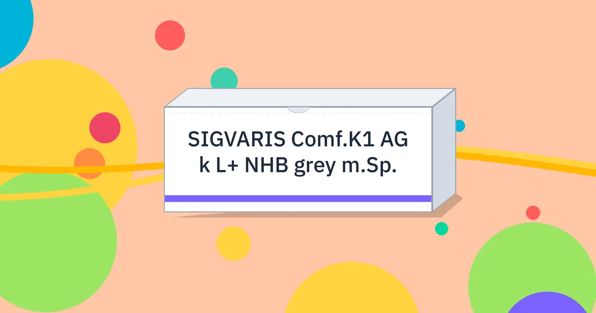 Symbolbild: Packung mit der Aufschrift SIGVARIS Comf.K1 AG k L+ NHB grey m.Sp. (PZN 17096754) – Verfügbarkeit und Bezug in Apotheken in Frankfurt am Main
