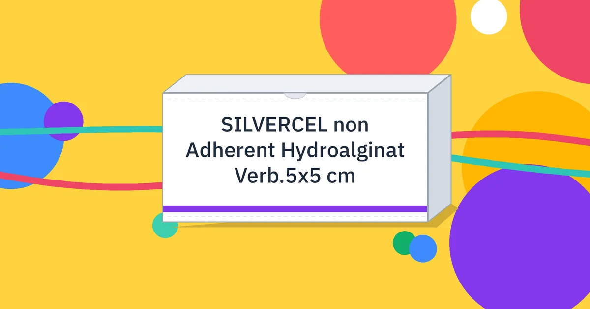 Symbolbild: Packung mit der Aufschrift SILVERCEL non Adherent Hydroalginat Verb.5x5 cm (PZN 09644503) – Verfügbarkeit und Bezug in Apotheken in Frankfurt am Main