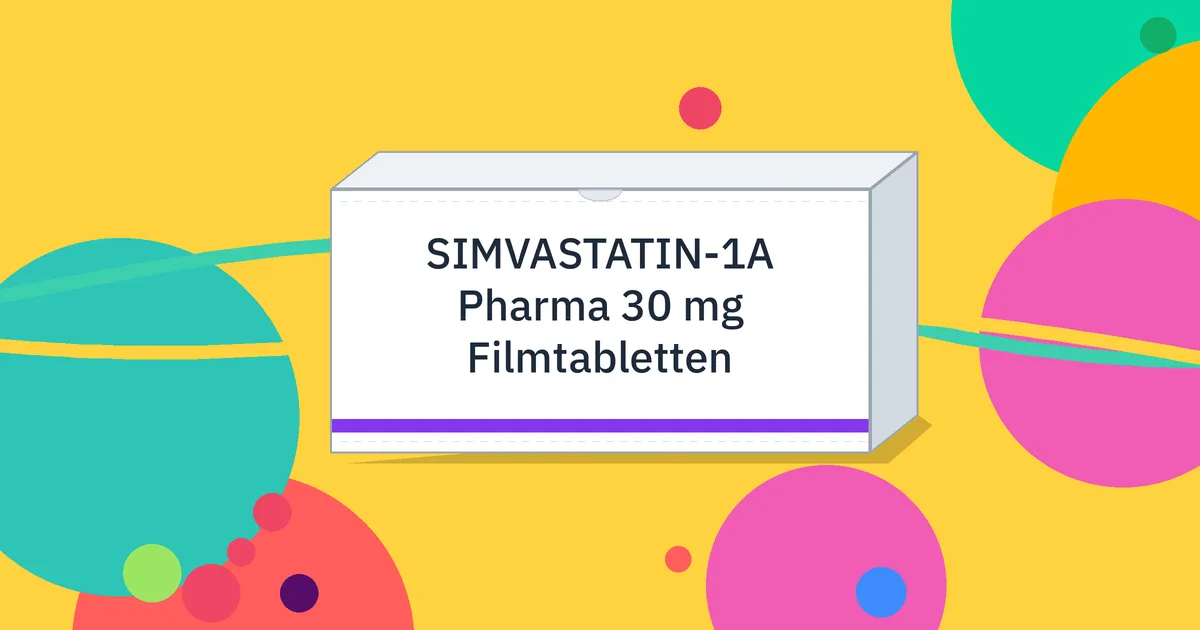 Symbolbild: Packung mit der Aufschrift SIMVASTATIN-1A Pharma 30 mg Filmtabletten (PZN 00766771) – Verfügbarkeit und Bezug in Apotheken in Frankfurt am Main