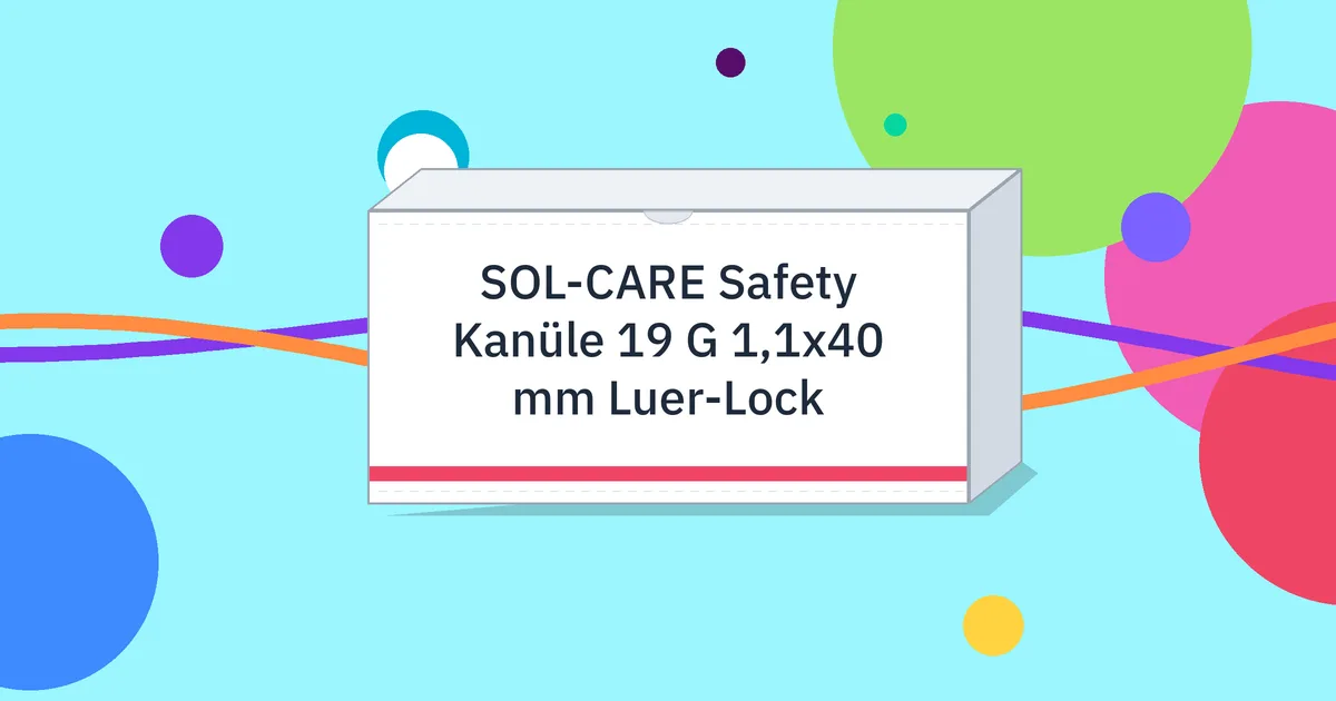 Symbolbild: Packung mit der Aufschrift SOL-CARE Safety Kanüle 19 G 1,1x40 mm Luer-Lock (PZN 20328116) – Verfügbarkeit und Bezug in Apotheken in Frankfurt am Main