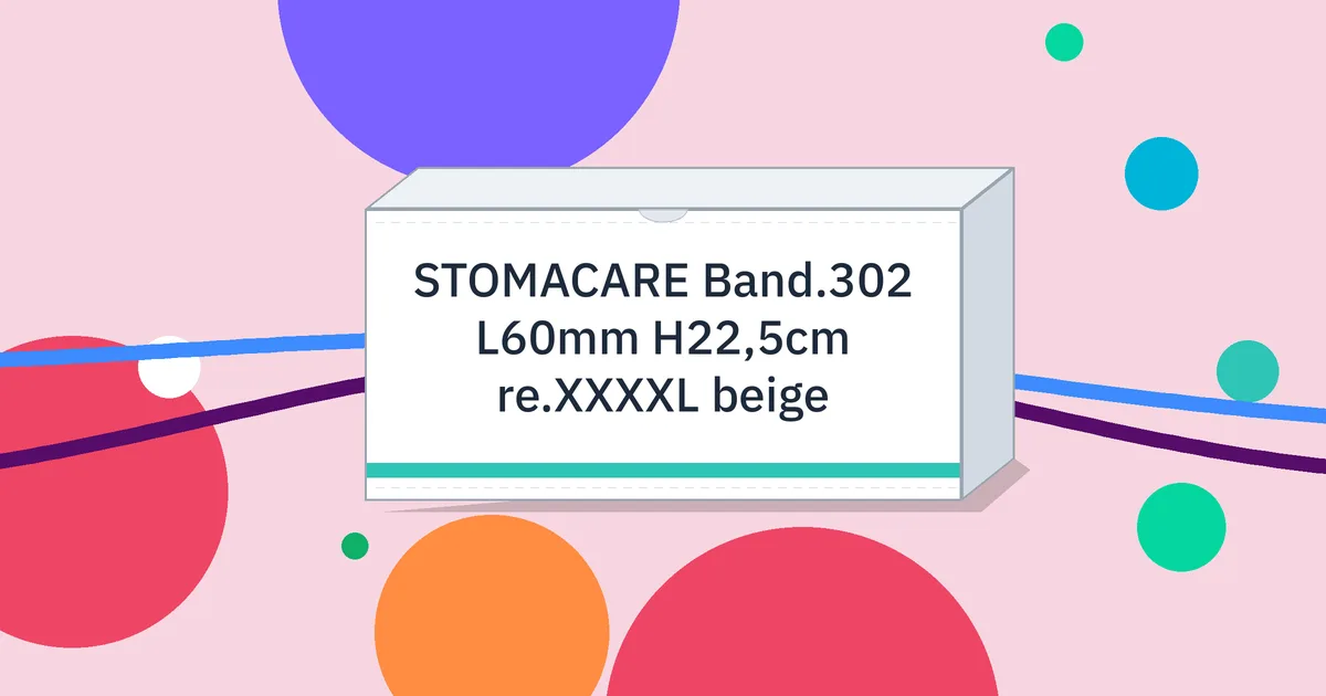 Symbolbild: Packung mit der Aufschrift STOMACARE Band.302 L60mm H22,5cm re.XXXXL beige (PZN 10840178) – Verfügbarkeit und Bezug in Apotheken in Frankfurt am Main