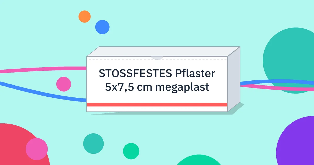 Symbolbild: Packung mit der Aufschrift STOSSFESTES Pflaster 5x7,5 cm megaplast (PZN 16501678) – Verfügbarkeit und Bezug in Apotheken in Frankfurt am Main