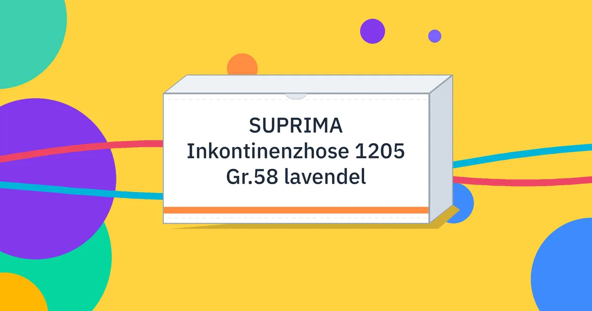 Symbolbild: Packung mit der Aufschrift SUPRIMA Inkontinenzhose 1205 Gr.58 lavendel (PZN 01634333) – Verfügbarkeit und Bezug in Apotheken in Frankfurt am Main