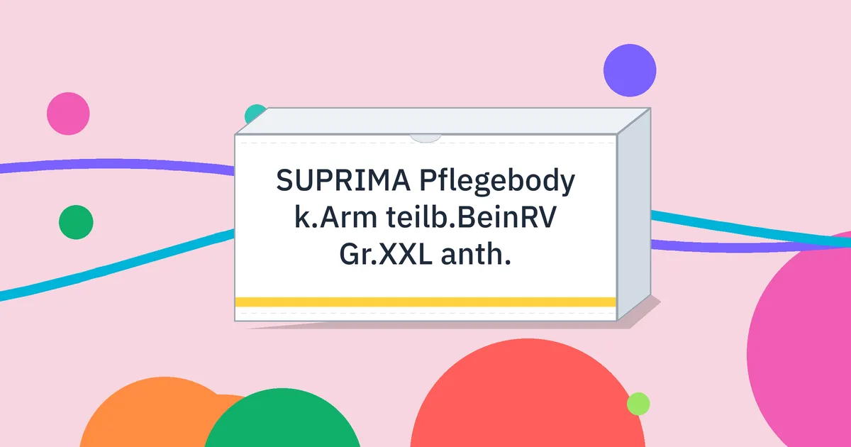 Symbolbild: Packung mit der Aufschrift SUPRIMA Pflegebody k.Arm teilb.BeinRV Gr.XXL anth. (PZN 10710895) – Verfügbarkeit und Bezug in Apotheken in Frankfurt am Main