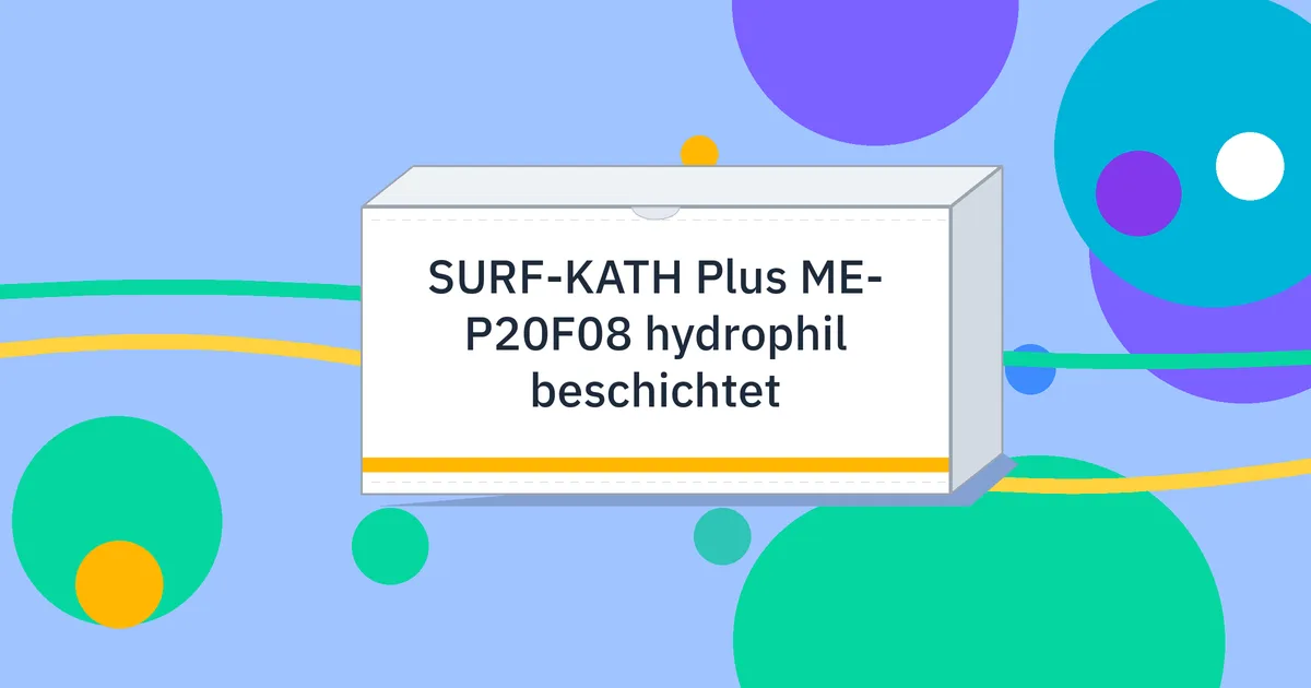 Symbolbild: Packung mit der Aufschrift SURF-KATH Plus ME-P20F08 hydrophil beschichtet (PZN 07009487) – Verfügbarkeit und Bezug in Apotheken in Frankfurt am Main