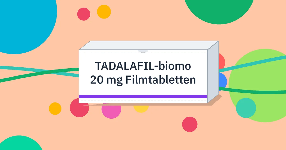 Symbolbild: Packung mit der Aufschrift TADALAFIL-biomo 20 mg Filmtabletten (PZN 12725553) – Verfügbarkeit und Bezug in Apotheken in Frankfurt am Main