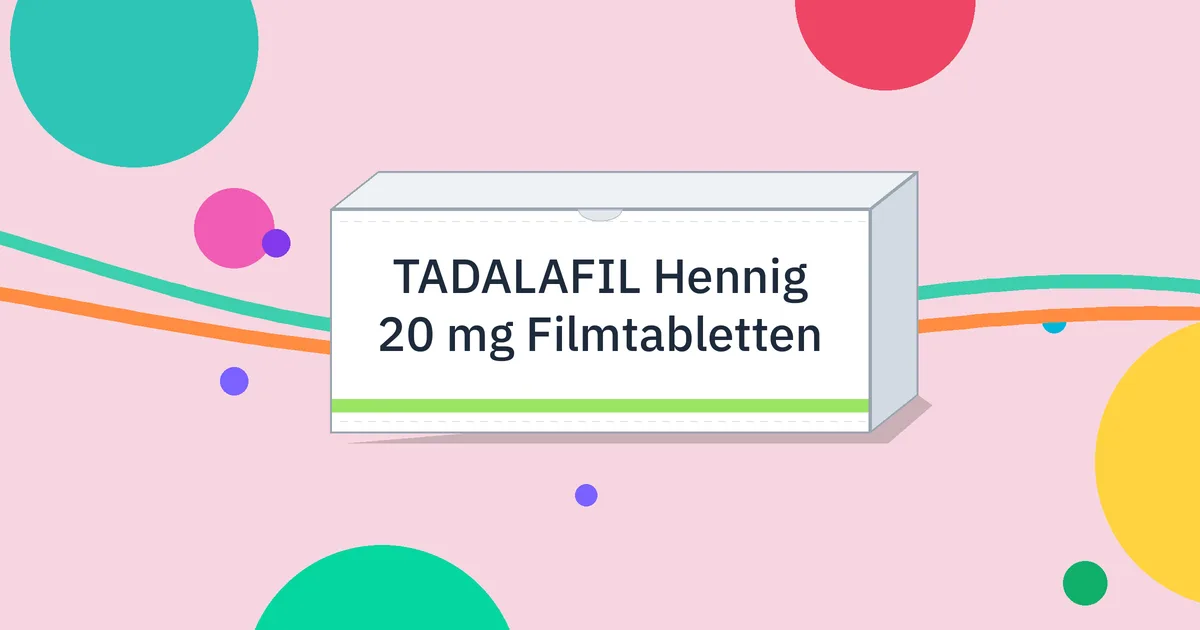 Symbolbild: Packung mit der Aufschrift TADALAFIL Hennig 20 mg Filmtabletten (PZN 12897828) – Verfügbarkeit und Bezug in Apotheken in Frankfurt am Main
