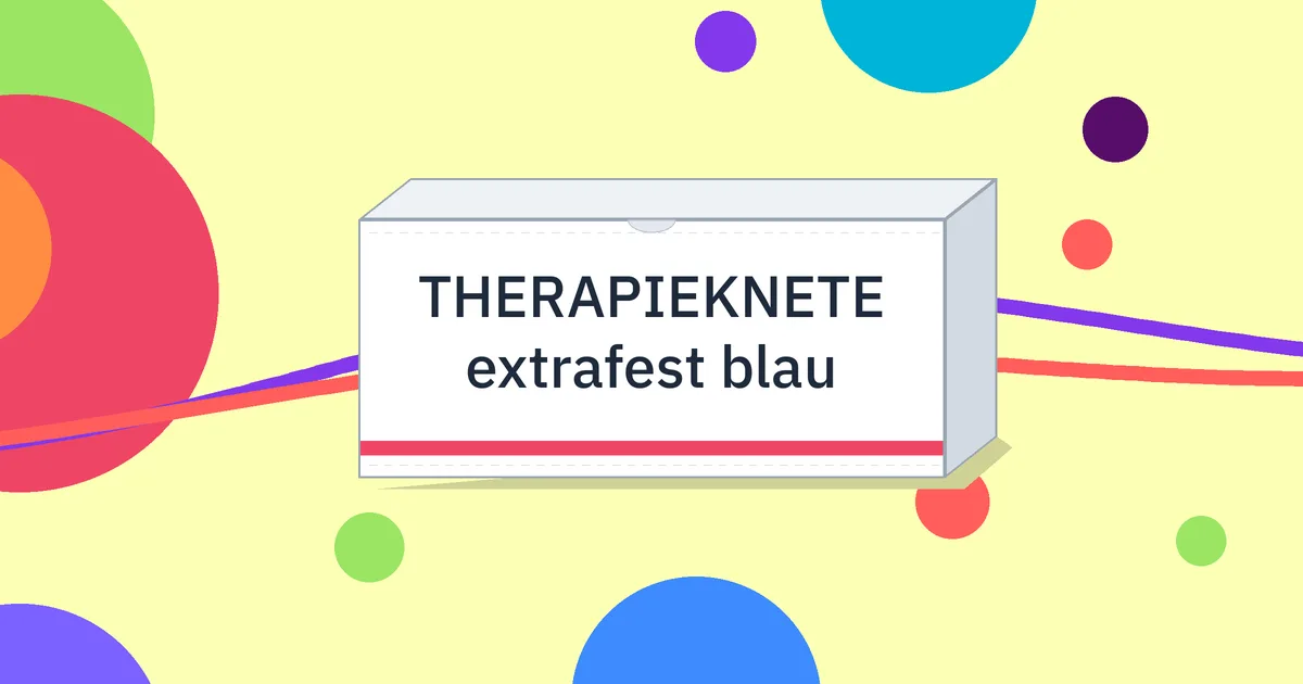 Symbolbild: Packung mit der Aufschrift THERAPIEKNETE extrafest blau (PZN 15658892) – Verfügbarkeit und Bezug in Apotheken in Frankfurt am Main