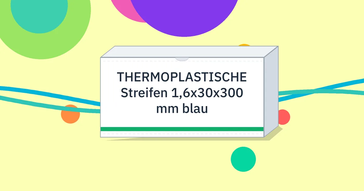 Symbolbild: Packung mit der Aufschrift THERMOPLASTISCHE Streifen 1,6x30x300 mm blau (PZN 11550212) – Verfügbarkeit und Bezug in Apotheken in Frankfurt am Main