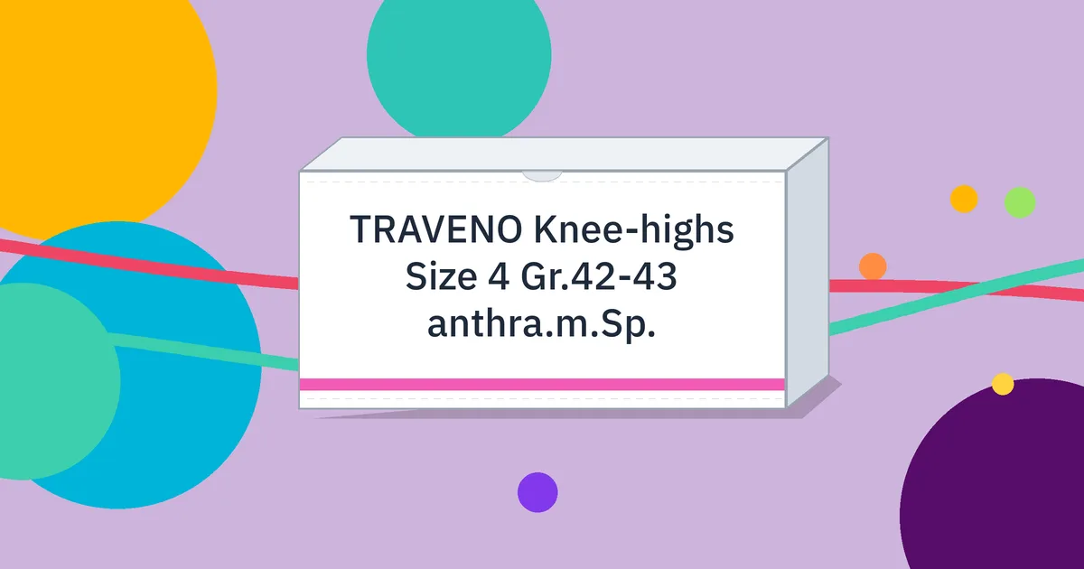 Symbolbild: Packung mit der Aufschrift TRAVENO Knee-highs Size 4 Gr.42-43 anthra.m.Sp. (PZN 17602878) – Verfügbarkeit und Bezug in Apotheken in Frankfurt am Main