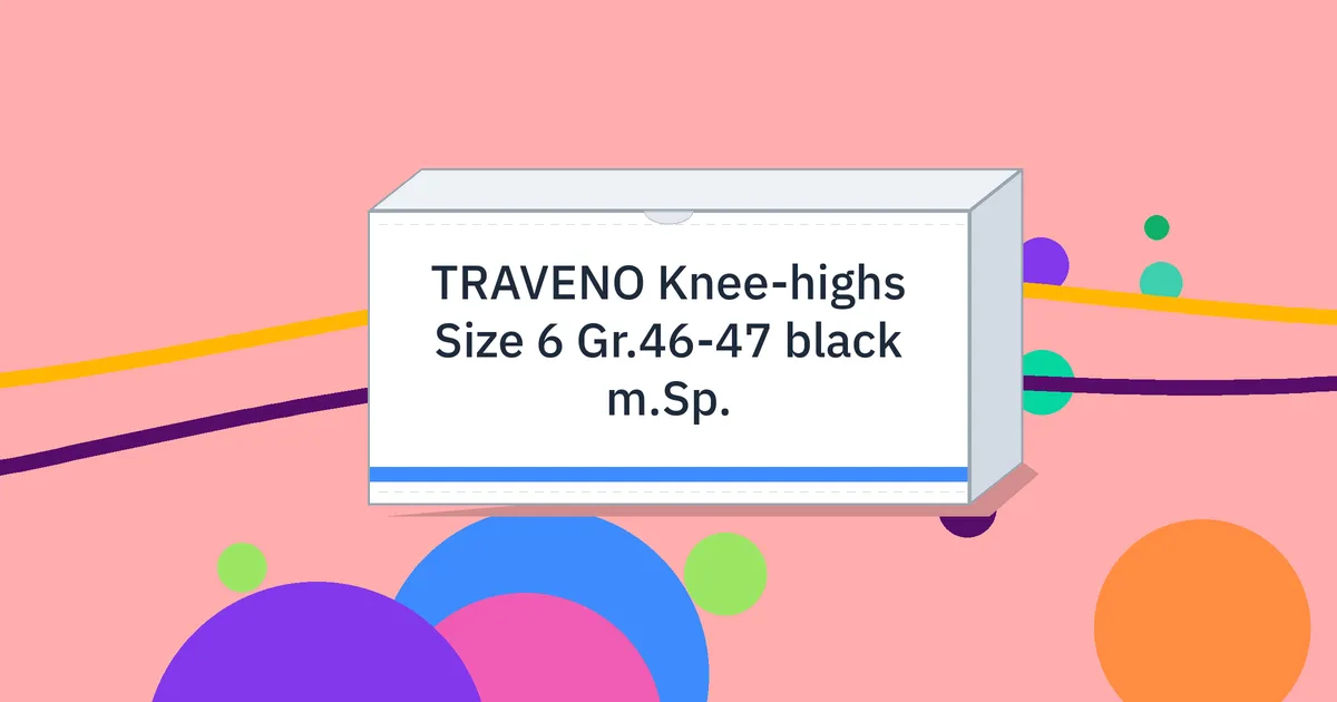 Symbolbild: Packung mit der Aufschrift TRAVENO Knee-highs Size 6 Gr.46-47 black m.Sp. (PZN 17603085) – Verfügbarkeit und Bezug in Apotheken in Frankfurt am Main