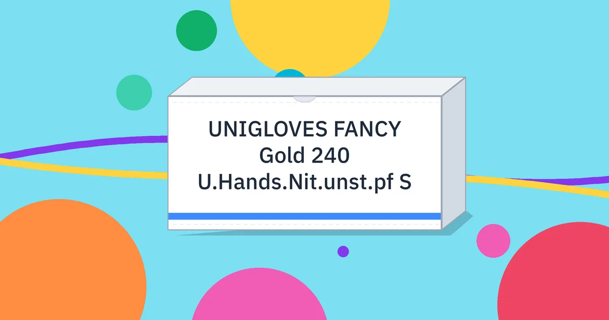 Symbolbild: Packung mit der Aufschrift UNIGLOVES FANCY Gold 240 U.Hands.Nit.unst.pf S (PZN 18725790) – Verfügbarkeit und Bezug in Apotheken in Frankfurt am Main