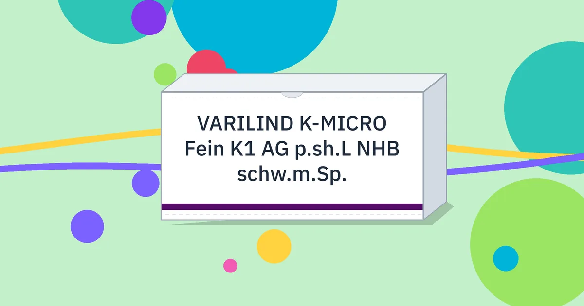 Symbolbild: Packung mit der Aufschrift VARILIND K-MICRO Fein K1 AG p.sh.L NHB schw.m.Sp. (PZN 20555220) – Verfügbarkeit und Bezug in Apotheken in Frankfurt am Main