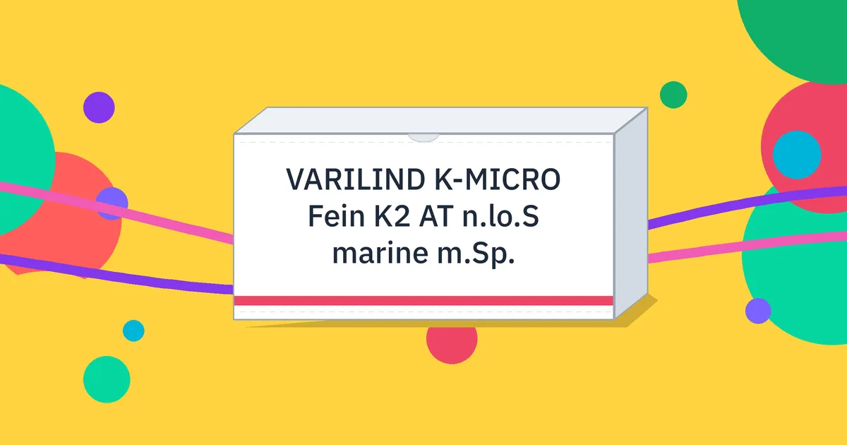 Symbolbild: Packung mit der Aufschrift VARILIND K-MICRO Fein K2 AT n.lo.S marine m.Sp. (PZN 20553356) – Verfügbarkeit und Bezug in Apotheken in Frankfurt am Main