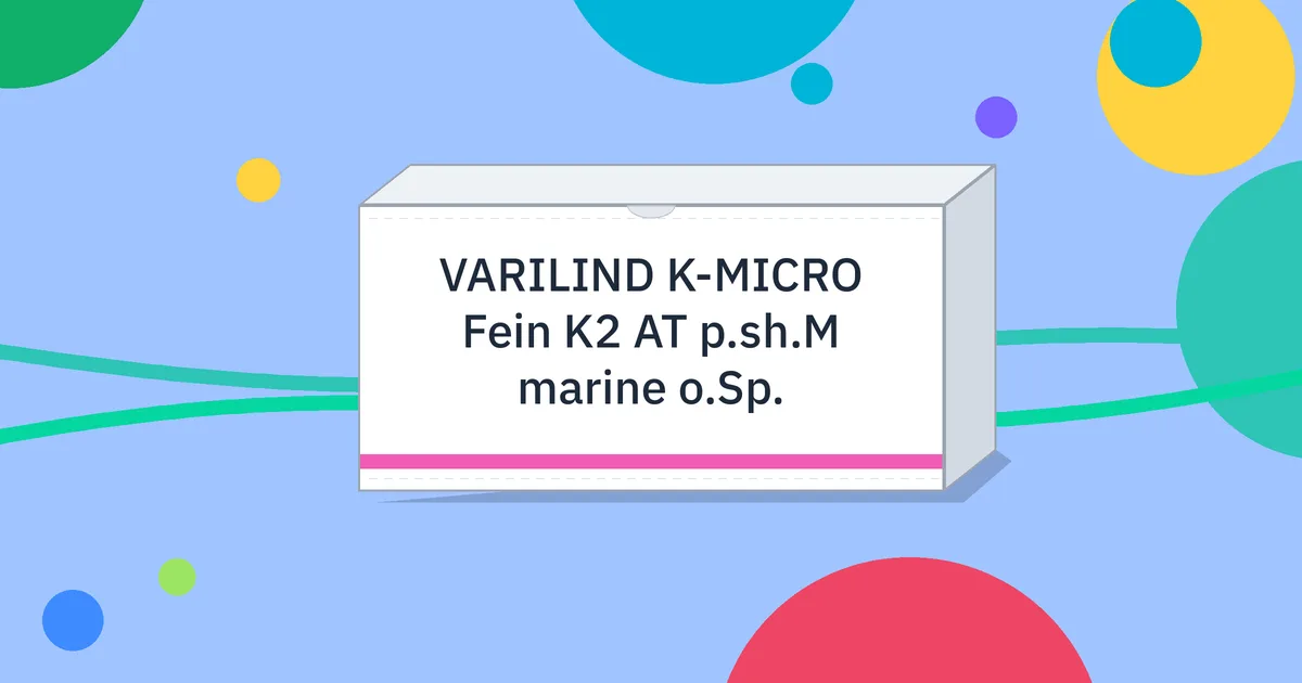 Symbolbild: Packung mit der Aufschrift VARILIND K-MICRO Fein K2 AT p.sh.M marine o.Sp. (PZN 20553563) – Verfügbarkeit und Bezug in Apotheken in Frankfurt am Main