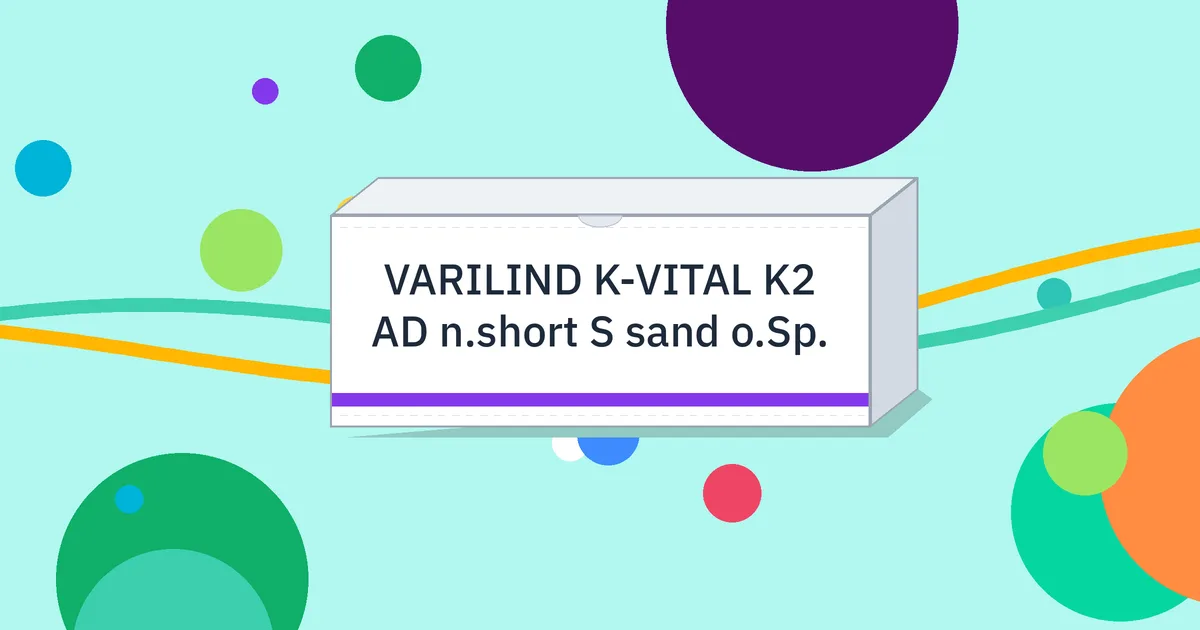 Symbolbild: Packung mit der Aufschrift VARILIND K-VITAL K2 AD n.short S sand o.Sp. (PZN 20567559) – Verfügbarkeit und Bezug in Apotheken in Frankfurt am Main