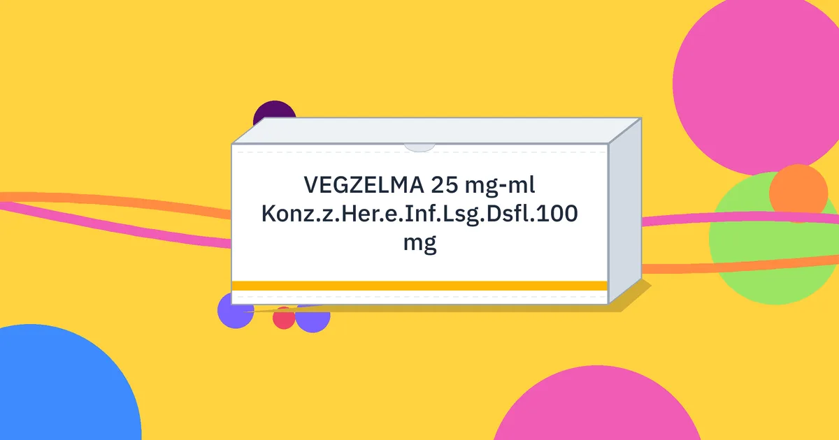 Symbolbild: Packung mit der Aufschrift VEGZELMA 25 mg-ml Konz.z.Her.e.Inf.Lsg.Dsfl.100 mg (PZN 18199249) – Verfügbarkeit und Bezug in Apotheken in Frankfurt am Main