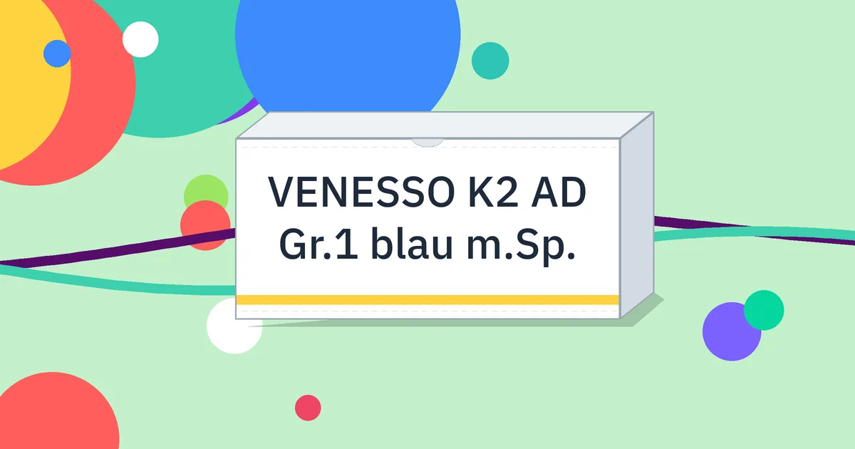 Symbolbild: Packung mit der Aufschrift VENESSO K2 AD Gr.1 blau m.Sp. (PZN 03258839) – Verfügbarkeit und Bezug in Apotheken in Frankfurt am Main