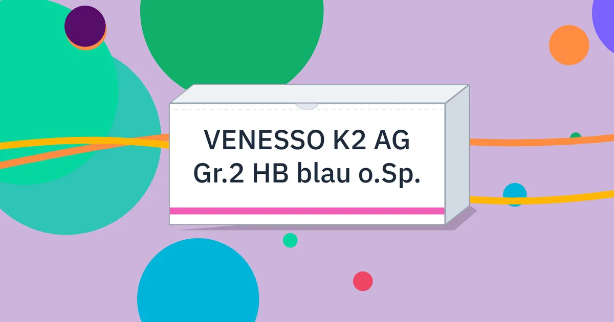 Symbolbild: Packung mit der Aufschrift VENESSO K2 AG Gr.2 HB blau o.Sp. (PZN 03265839) – Verfügbarkeit und Bezug in Apotheken in Frankfurt am Main