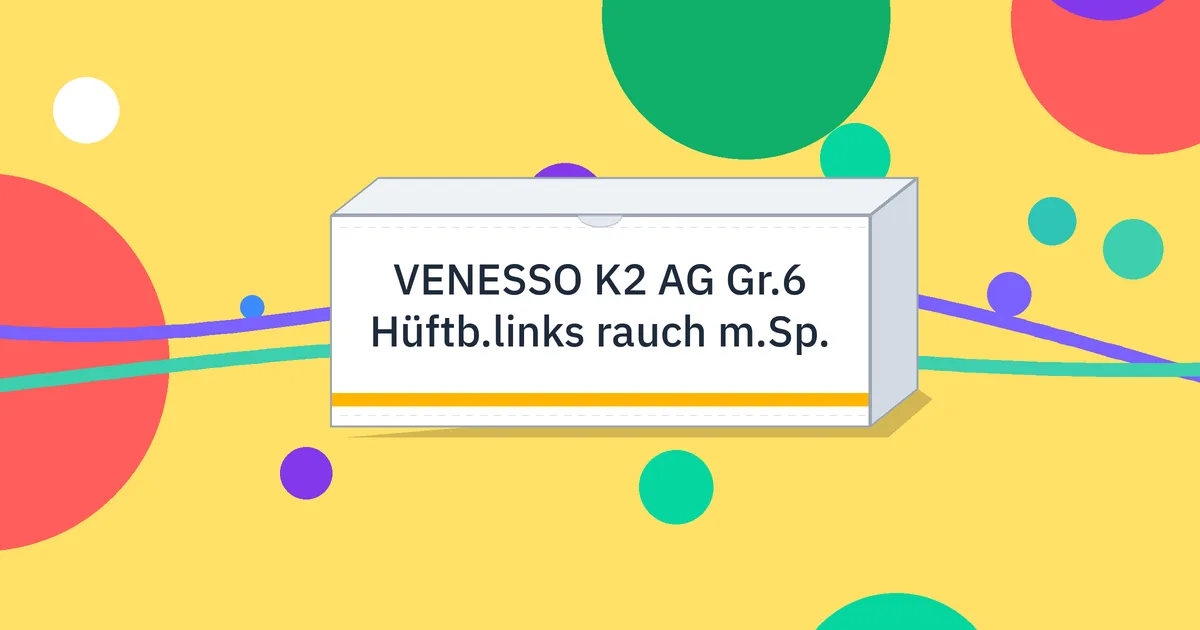 Symbolbild: Packung mit der Aufschrift VENESSO K2 AG Gr.6 Hüftb.links rauch m.Sp. (PZN 03267991) – Verfügbarkeit und Bezug in Apotheken in Frankfurt am Main