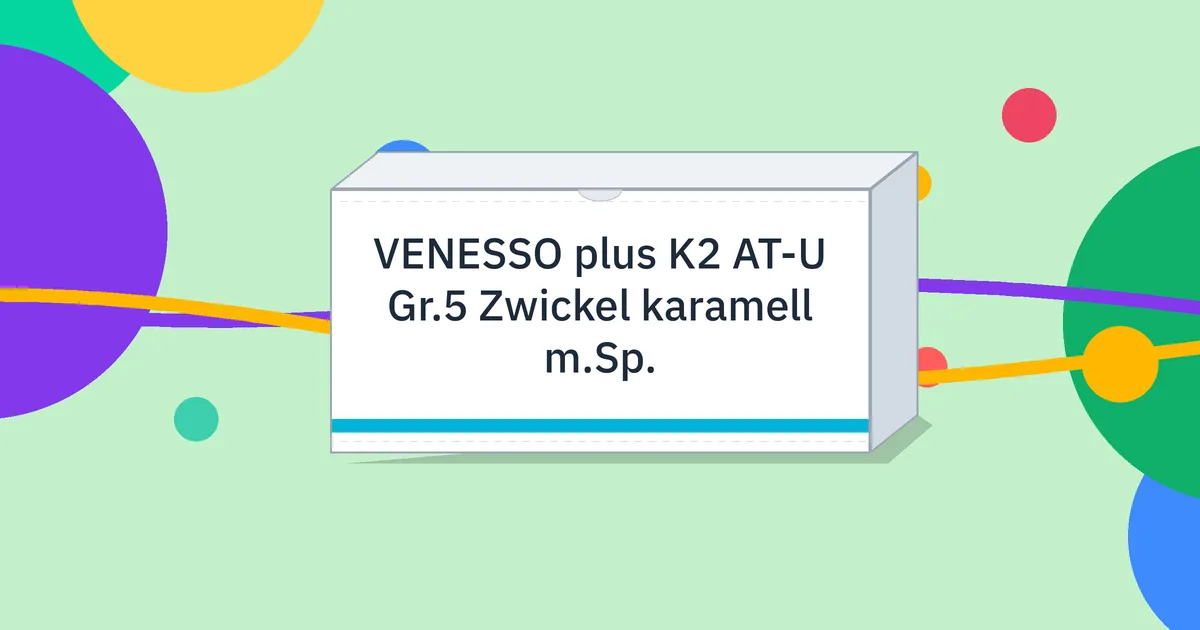 Symbolbild: Packung mit der Aufschrift VENESSO plus K2 AT-U Gr.5 Zwickel karamell m.Sp. (PZN 13759844) – Verfügbarkeit und Bezug in Apotheken in Frankfurt am Main