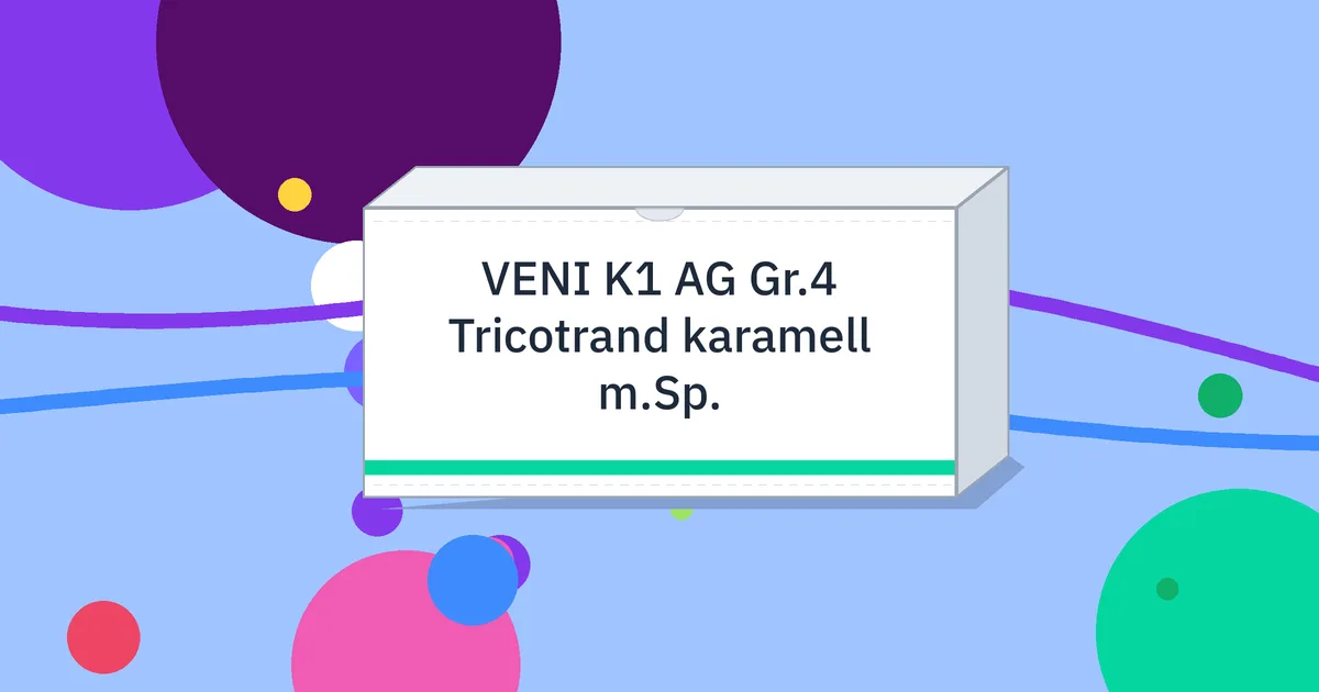 Symbolbild: Packung mit der Aufschrift VENI K1 AG Gr.4 Tricotrand karamell m.Sp. (PZN 13762220) – Verfügbarkeit und Bezug in Apotheken in Frankfurt am Main