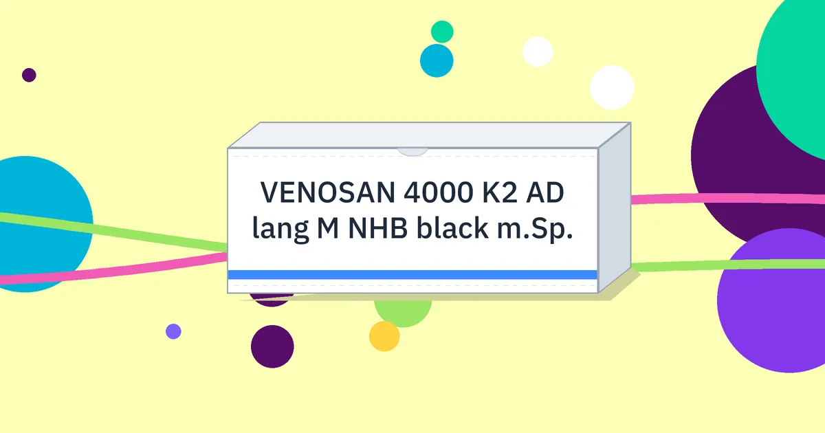 Symbolbild: Packung mit der Aufschrift VENOSAN 4000 K2 AD lang M NHB black m.Sp. (PZN 14427386) – Verfügbarkeit und Bezug in Apotheken in Frankfurt am Main