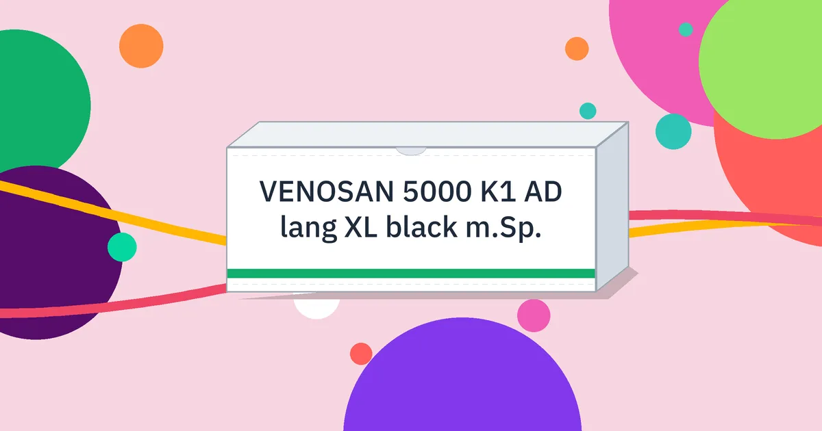 Symbolbild: Packung mit der Aufschrift VENOSAN 5000 K1 AD lang XL black m.Sp. (PZN 14432476) – Verfügbarkeit und Bezug in Apotheken in Frankfurt am Main