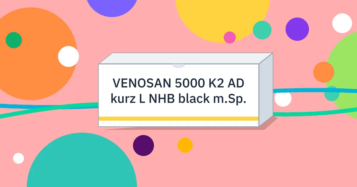 Symbolbild: Packung mit der Aufschrift VENOSAN 5000 K2 AD kurz L NHB black m.Sp. (PZN 14433441) – Verfügbarkeit und Bezug in Apotheken in Frankfurt am Main