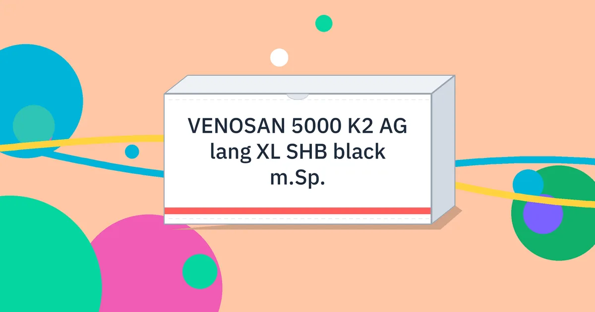 Symbolbild: Packung mit der Aufschrift VENOSAN 5000 K2 AG lang XL SHB black m.Sp. (PZN 14433582) – Verfügbarkeit und Bezug in Apotheken in Frankfurt am Main