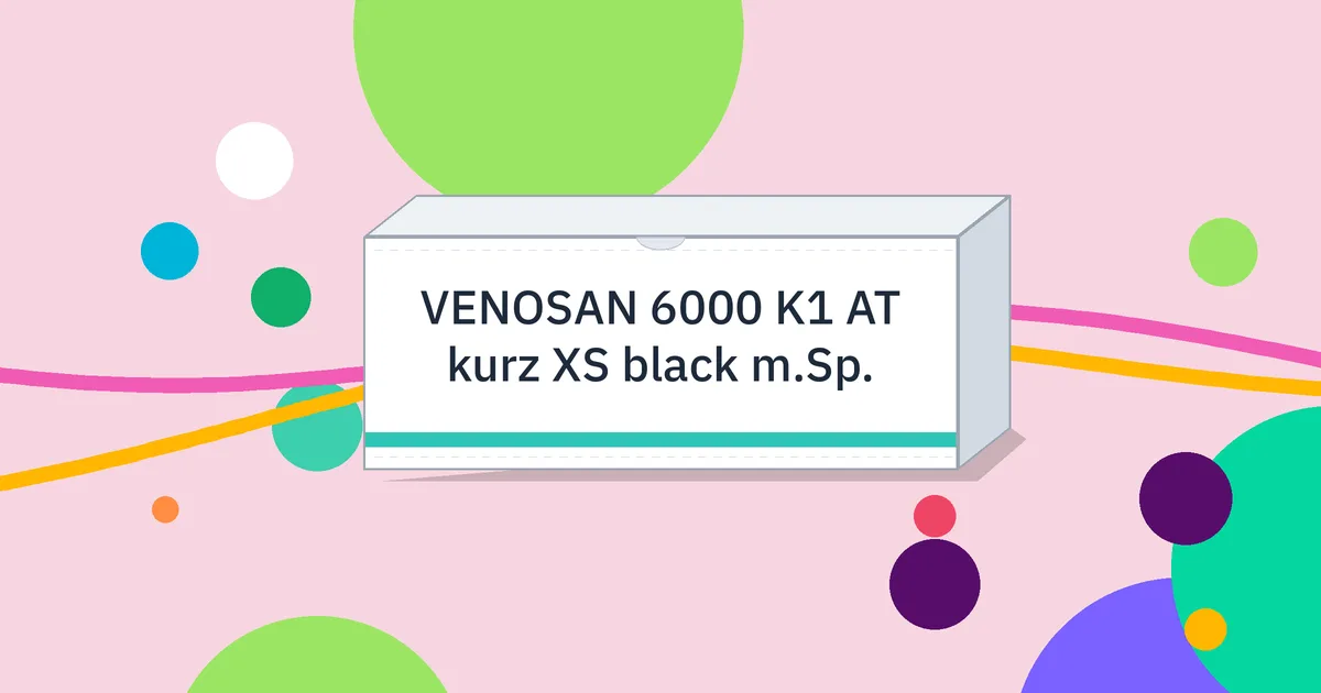 Symbolbild: Packung mit der Aufschrift VENOSAN 6000 K1 AT kurz XS black m.Sp. (PZN 17172053) – Verfügbarkeit und Bezug in Apotheken in Frankfurt am Main