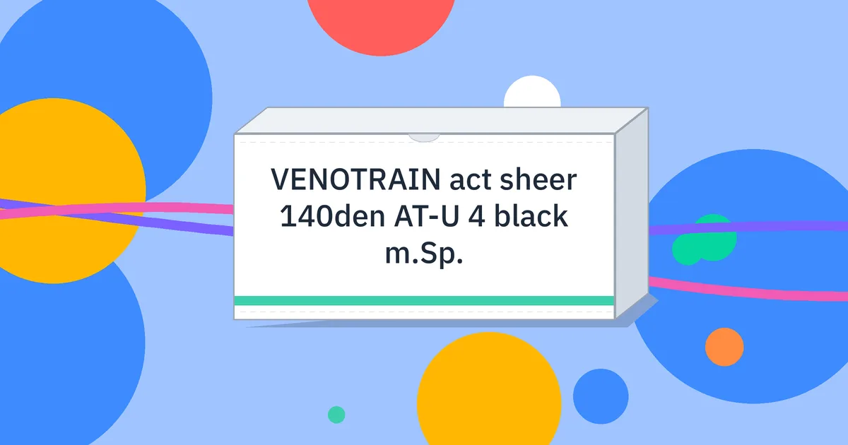 Symbolbild: Packung mit der Aufschrift VENOTRAIN act sheer 140den AT-U 4 black m.Sp. (PZN 16207559) – Verfügbarkeit und Bezug in Apotheken in Frankfurt am Main