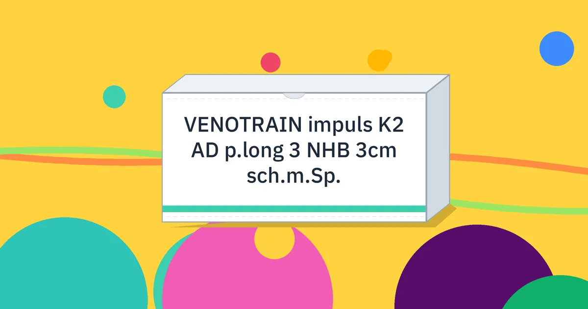 Symbolbild: Packung mit der Aufschrift VENOTRAIN impuls K2 AD p.long 3 NHB 3cm sch.m.Sp. (PZN 00651944) – Verfügbarkeit und Bezug in Apotheken in Frankfurt am Main
