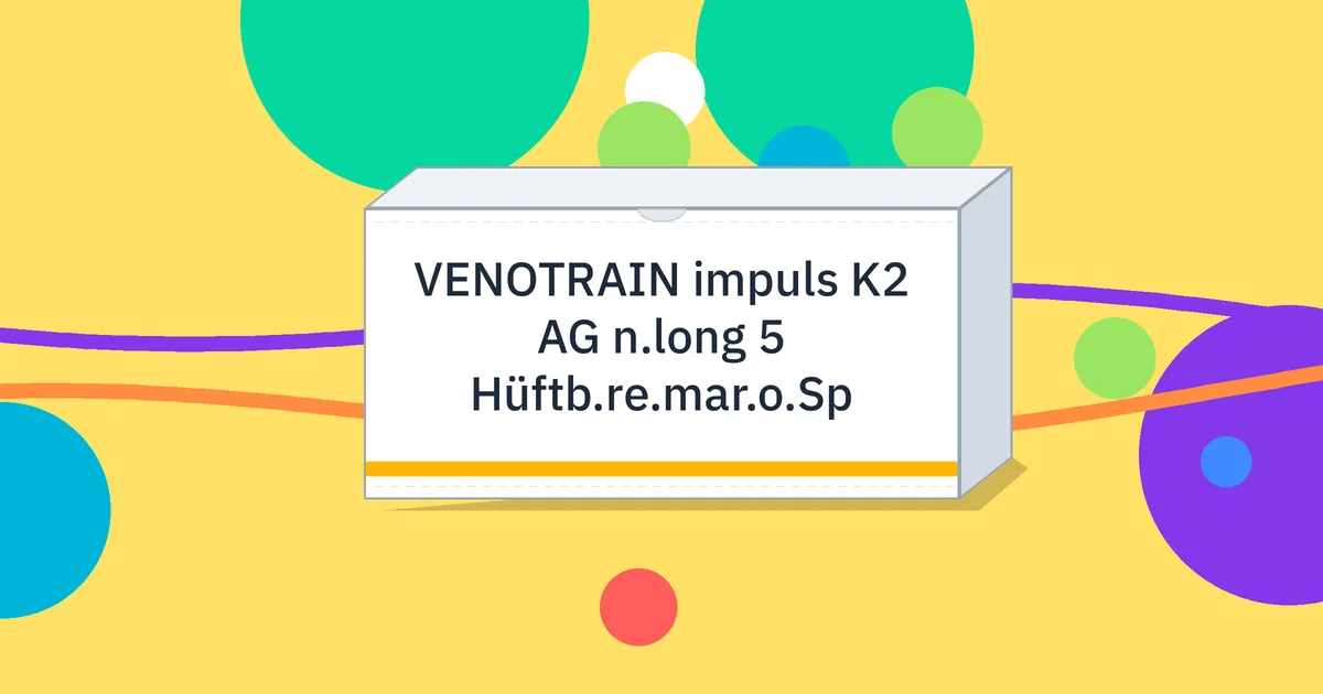 Symbolbild: Packung mit der Aufschrift VENOTRAIN impuls K2 AG n.long 5 Hüftb.re.mar.o.Sp (PZN 15216763) – Verfügbarkeit und Bezug in Apotheken in Frankfurt am Main