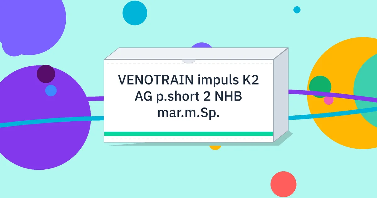 Symbolbild: Packung mit der Aufschrift VENOTRAIN impuls K2 AG p.short 2 NHB mar.m.Sp. (PZN 15214178) – Verfügbarkeit und Bezug in Apotheken in Frankfurt am Main