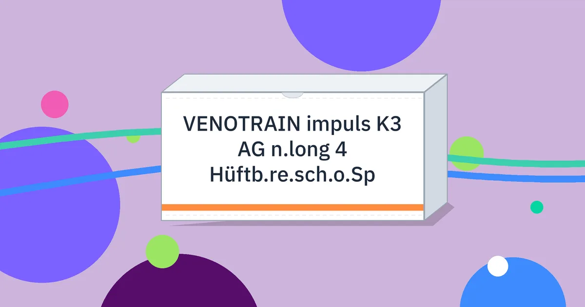 Symbolbild: Packung mit der Aufschrift VENOTRAIN impuls K3 AG n.long 4 Hüftb.re.sch.o.Sp (PZN 10294184) – Verfügbarkeit und Bezug in Apotheken in Frankfurt am Main