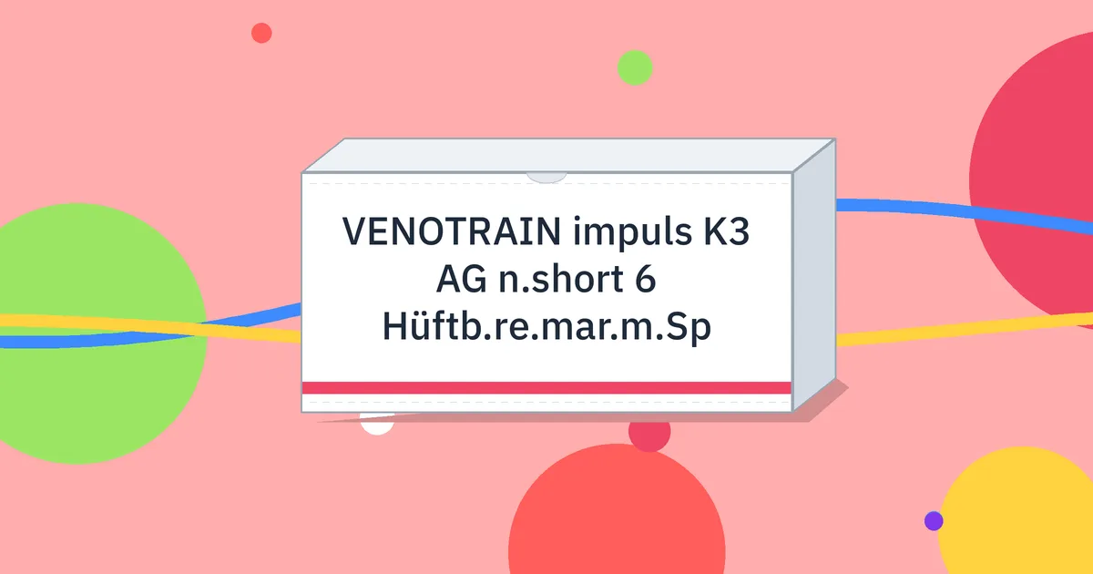 Symbolbild: Packung mit der Aufschrift VENOTRAIN impuls K3 AG n.short 6 Hüftb.re.mar.m.Sp (PZN 15217573) – Verfügbarkeit und Bezug in Apotheken in Frankfurt am Main