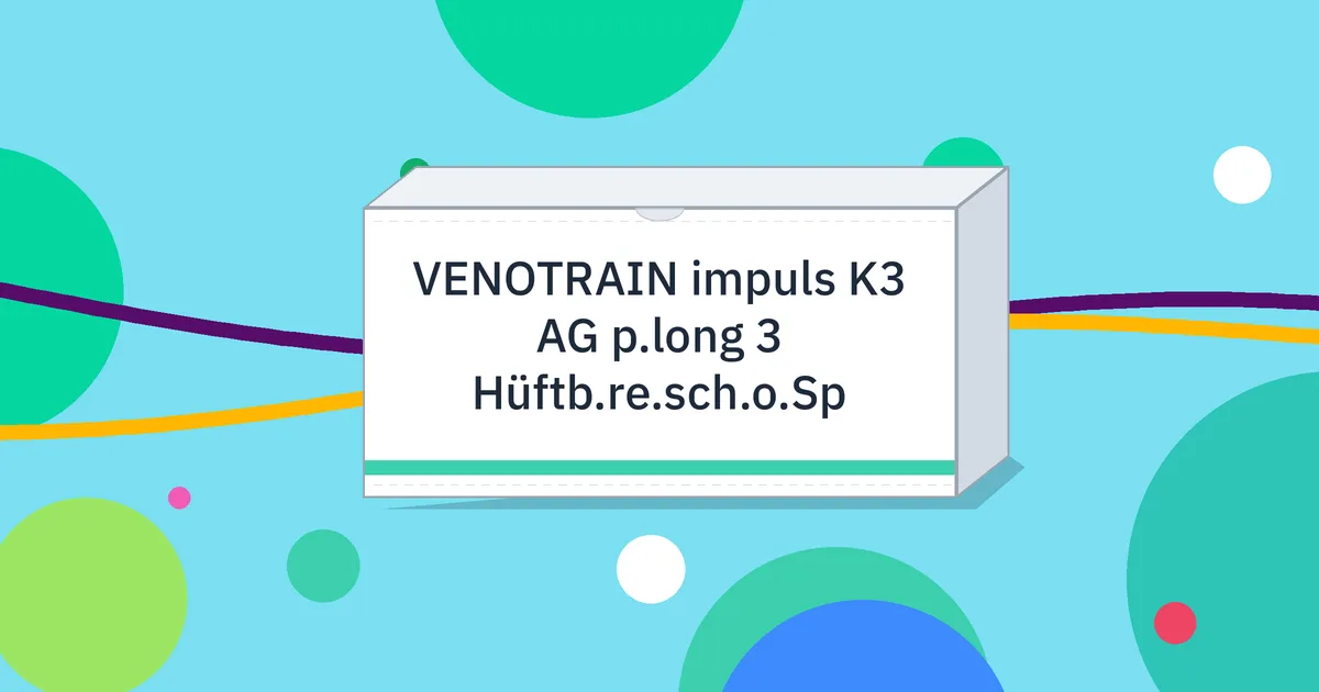 Symbolbild: Packung mit der Aufschrift VENOTRAIN impuls K3 AG p.long 3 Hüftb.re.sch.o.Sp (PZN 10294310) – Verfügbarkeit und Bezug in Apotheken in Frankfurt am Main