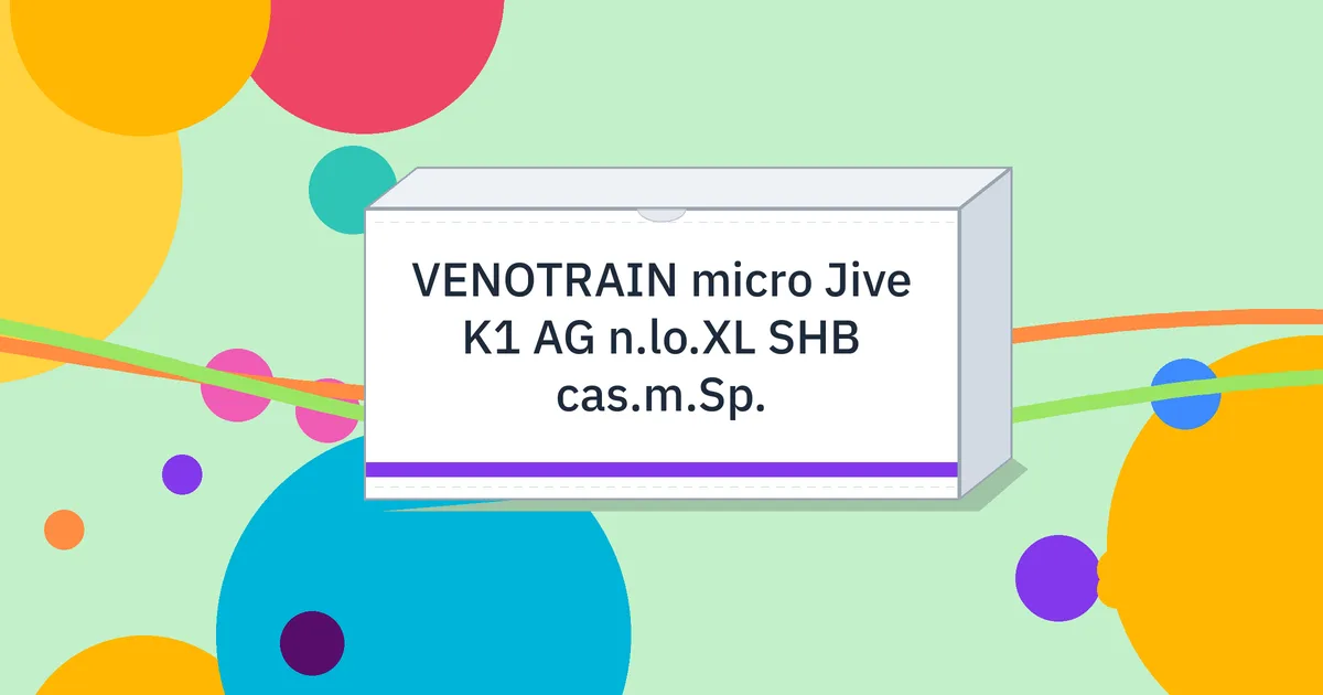 Symbolbild: Packung mit der Aufschrift VENOTRAIN micro Jive K1 AG n.lo.XL SHB cas.m.Sp. (PZN 20767086) – Verfügbarkeit und Bezug in Apotheken in Frankfurt am Main