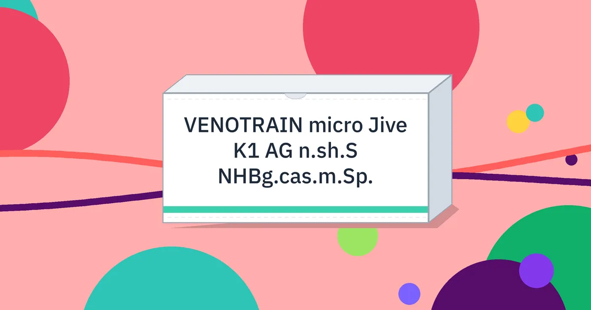 Symbolbild: Packung mit der Aufschrift VENOTRAIN micro Jive K1 AG n.sh.S NHBg.cas.m.Sp. (PZN 20766649) – Verfügbarkeit und Bezug in Apotheken in Frankfurt am Main