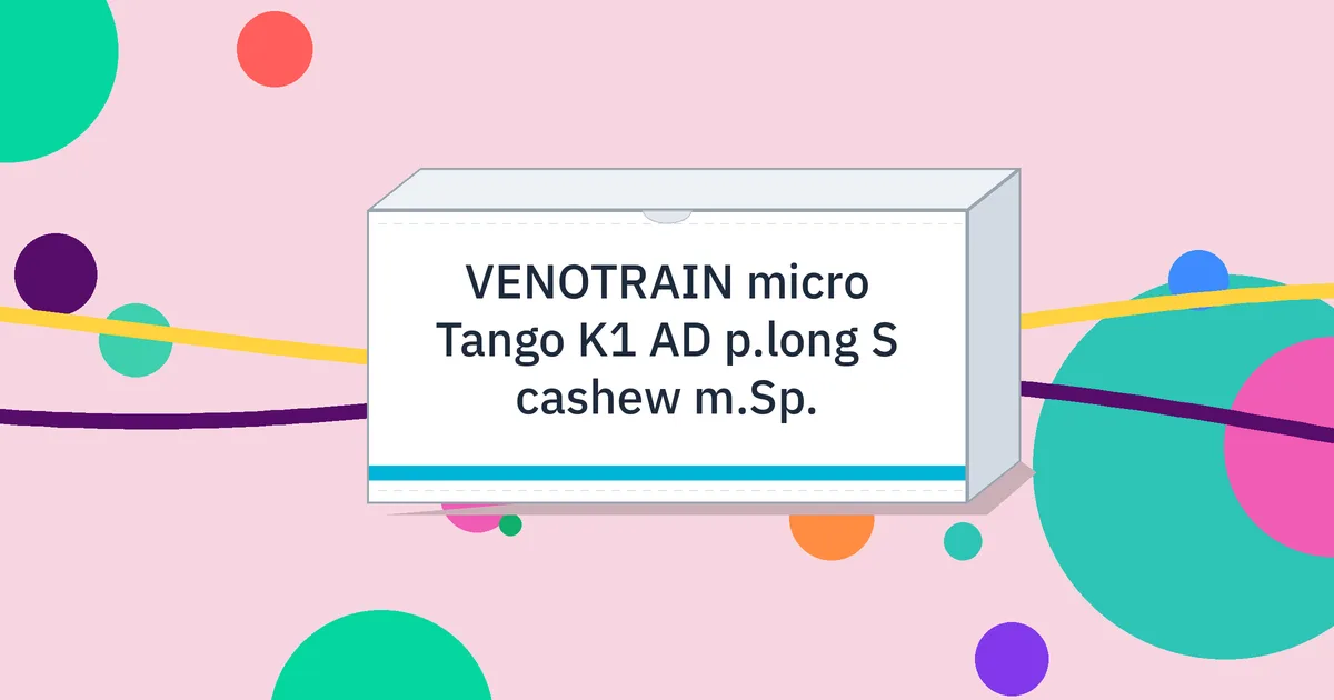 Symbolbild: Packung mit der Aufschrift VENOTRAIN micro Tango K1 AD p.long S cashew m.Sp. (PZN 20765615) – Verfügbarkeit und Bezug in Apotheken in Frankfurt am Main